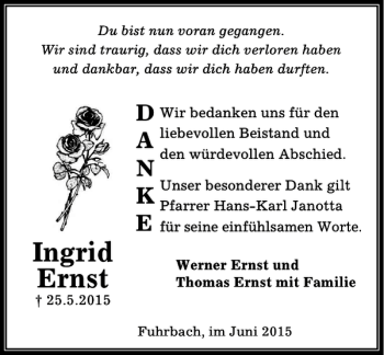 Traueranzeigen von Ingrid Ernst | trauer-anzeigen.de