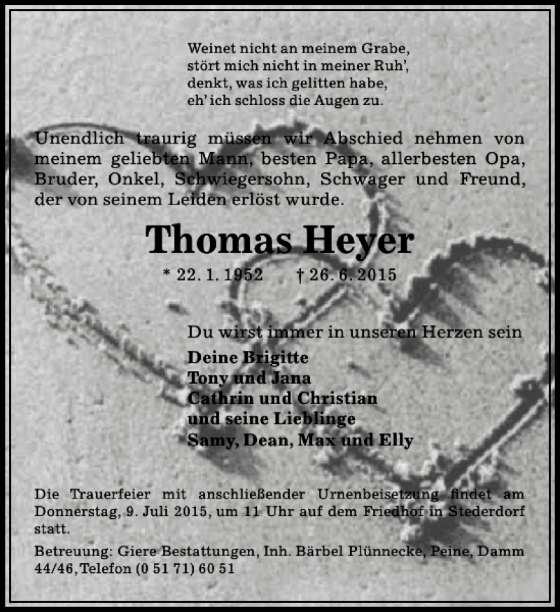 Traueranzeigen von Thomas Heyer | trauer-anzeigen.de