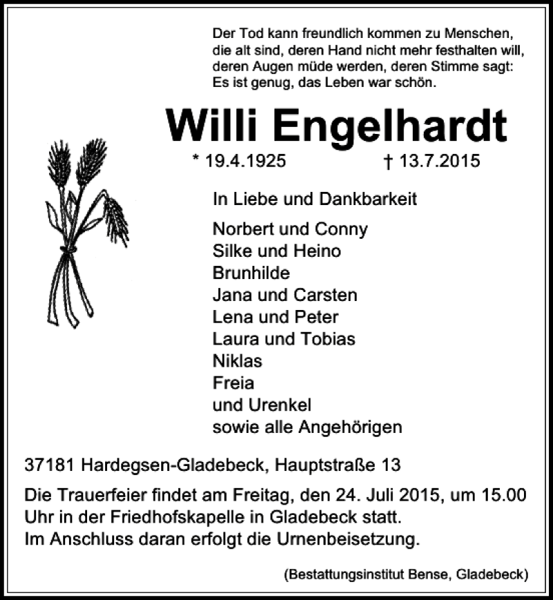 Traueranzeigen von Willi Engelhardt | trauer-anzeigen.de