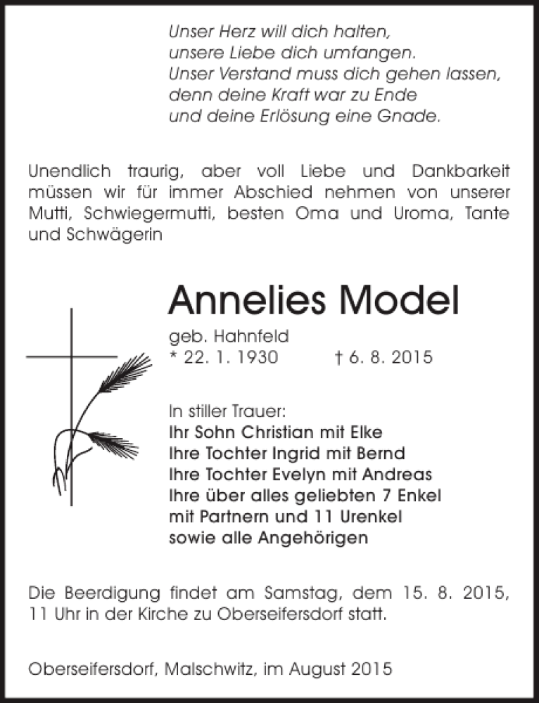 Traueranzeigen von Annelies Model | trauer-anzeigen.de