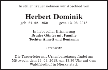 Traueranzeigen von Herbert Dominik | trauer-anzeigen.de