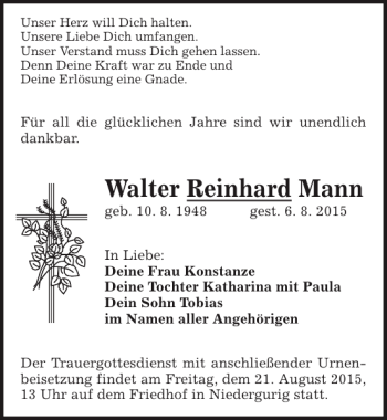 Traueranzeigen von Walter Reinhard Mann | trauer-anzeigen.de