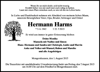 Traueranzeigen von hermann Harms | trauer-anzeigen.de