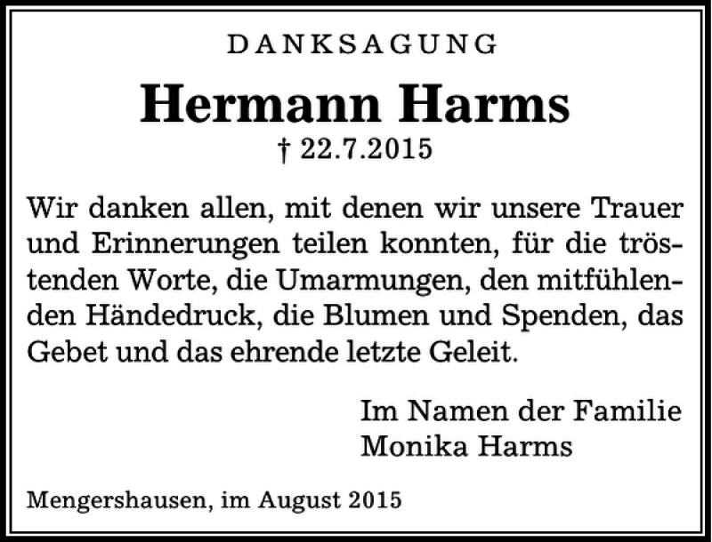 Traueranzeigen von hermann Harms | trauer-anzeigen.de