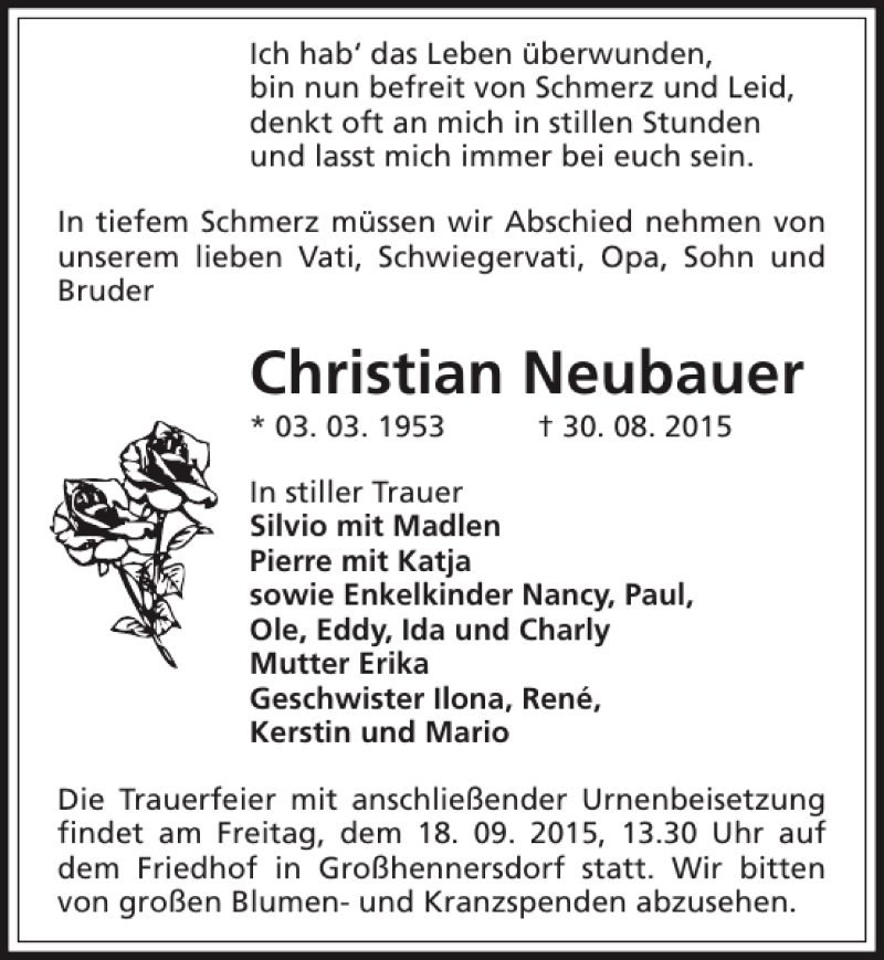 Traueranzeigen von Christian Neubauer | trauer-anzeigen.de