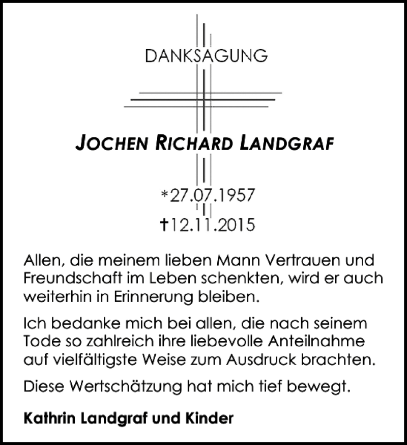 Traueranzeigen von Jochen Richard Landgraf | trauer-anzeigen.de