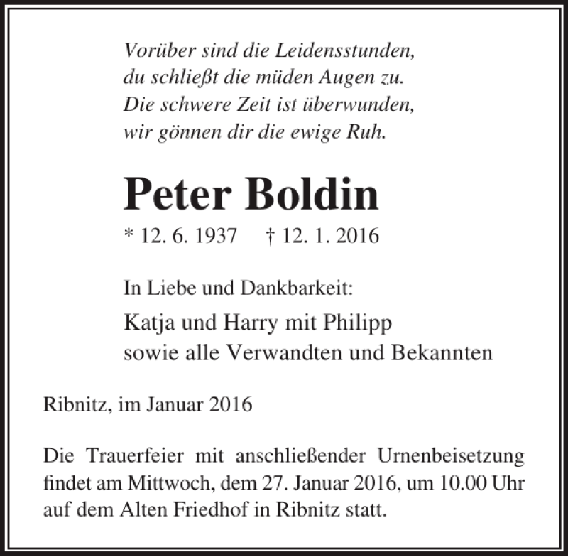 Traueranzeigen von Peter Boldin | trauer-anzeigen.de