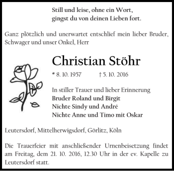 Traueranzeigen von Christian Stöhr | trauer-anzeigen.de