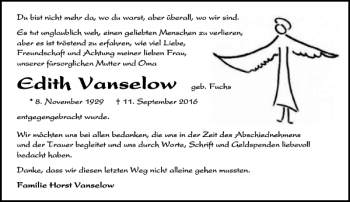 Traueranzeigen von Edith Vanselow | trauer-anzeigen.de
