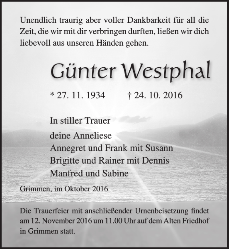Traueranzeigen von Günter Westphal | trauer-anzeigen.de