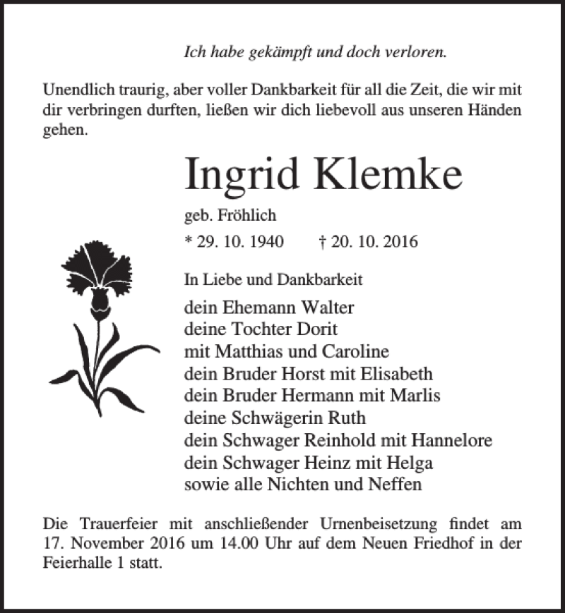 Traueranzeigen von Ingrid Klemke | trauer-anzeigen.de