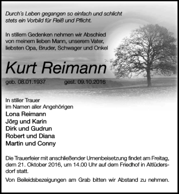 Traueranzeigen von Kurt Reimann | trauer-anzeigen.de
