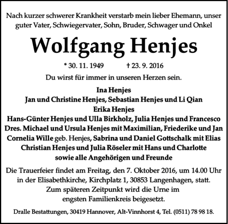 Traueranzeigen von Wolfgang Henjes | trauer-anzeigen.de