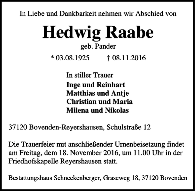 Traueranzeigen von Hedwig Raabe | trauer-anzeigen.de