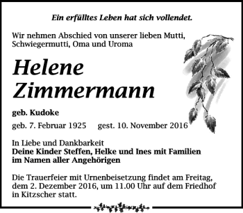 Traueranzeigen von Helene Zimmermann | trauer-anzeigen.de