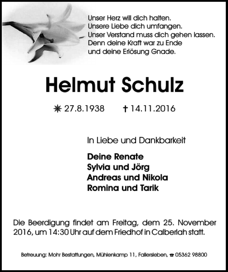Traueranzeigen von Helmut Schulz | trauer-anzeigen.de