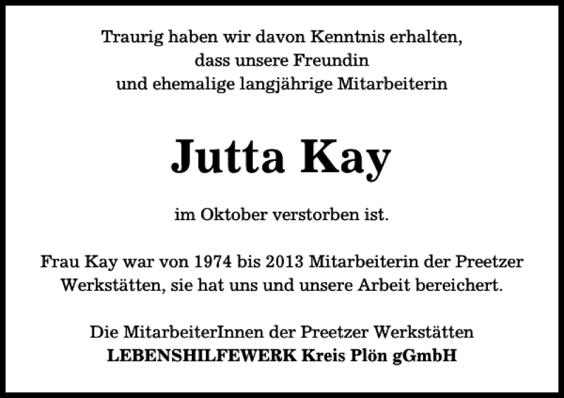 Traueranzeigen von Jutta Kay | trauer-anzeigen.de