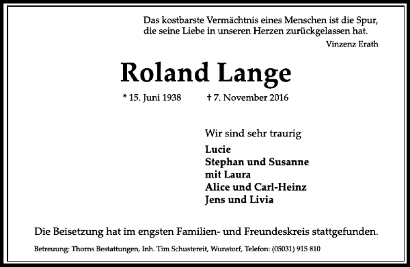 Traueranzeigen von Lange Roland | trauer-anzeigen.de