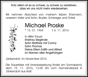 Traueranzeigen von Michael Proske | trauer-anzeigen.de