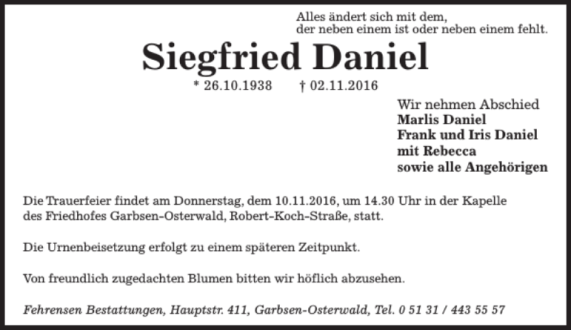 Traueranzeigen von Siegfried Daniel | trauer-anzeigen.de