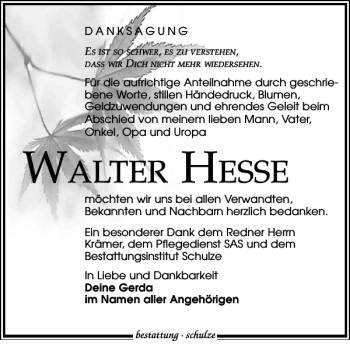 Traueranzeigen von Walter Hesse | trauer-anzeigen.de