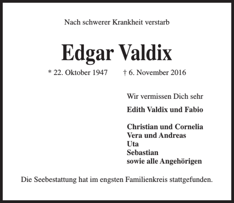 Traueranzeigen von Edgar Valdix | trauer-anzeigen.de
