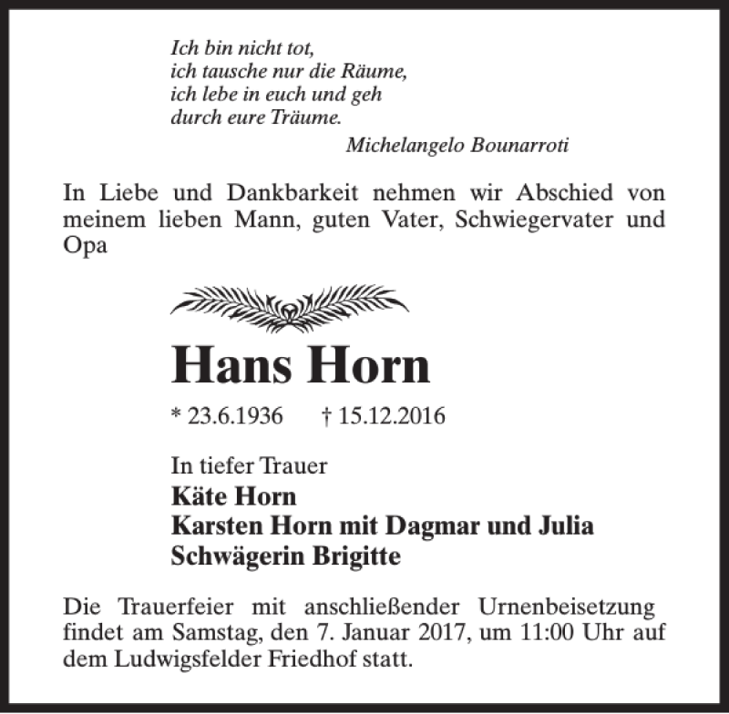 Traueranzeigen von Hans Horn | trauer-anzeigen.de