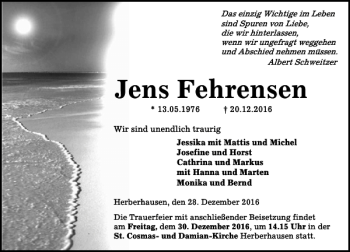 Traueranzeigen von Jens Fehrensen | trauer-anzeigen.de