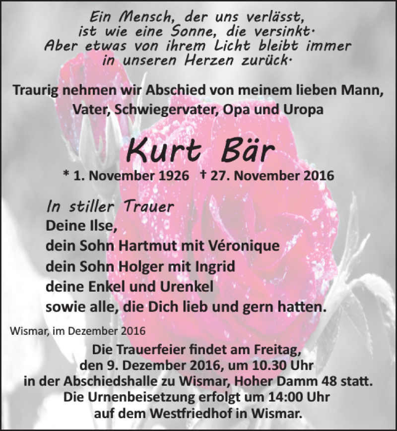 Traueranzeigen von Kurt Bär | trauer-anzeigen.de