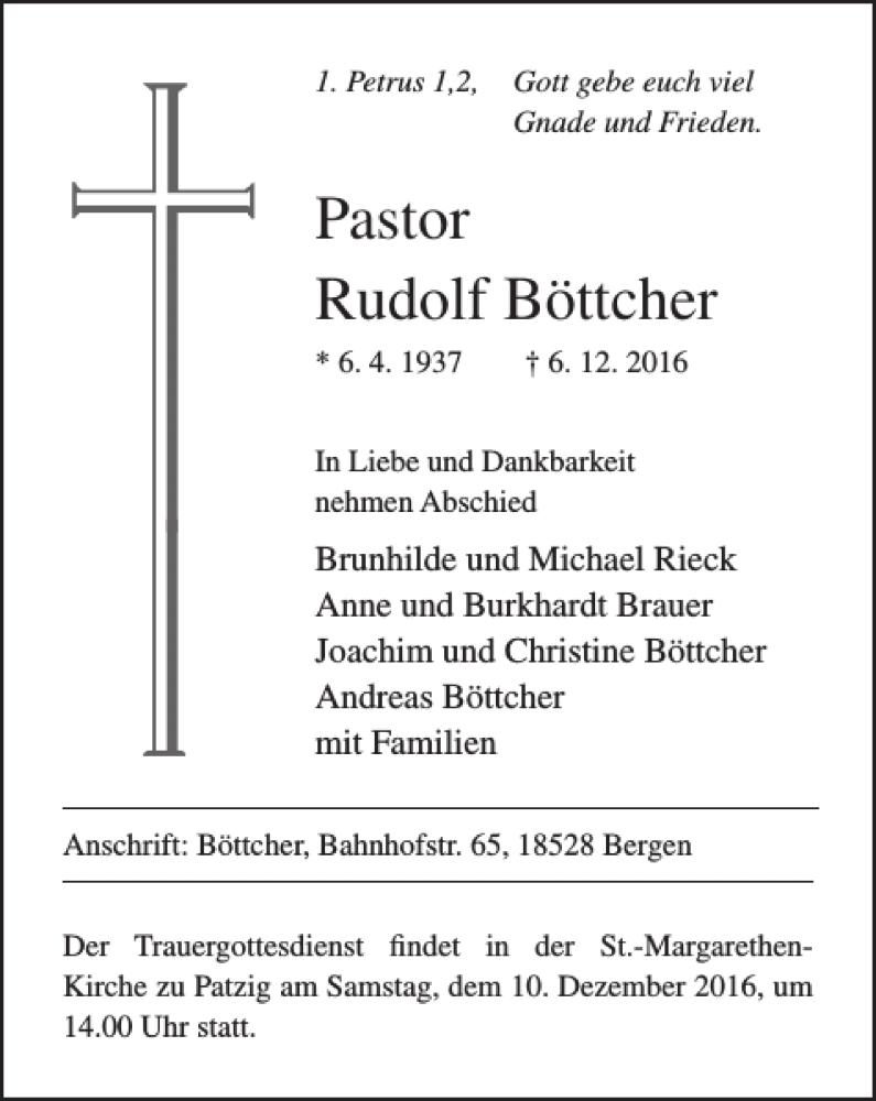 Traueranzeigen von Pastor Rudolf Böttcher | trauer-anzeigen.de
