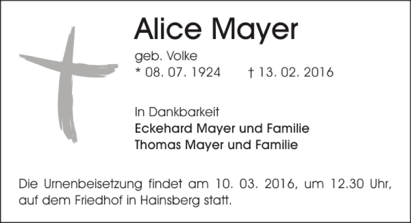 Traueranzeigen von Alice Mayer | trauer-anzeigen.de