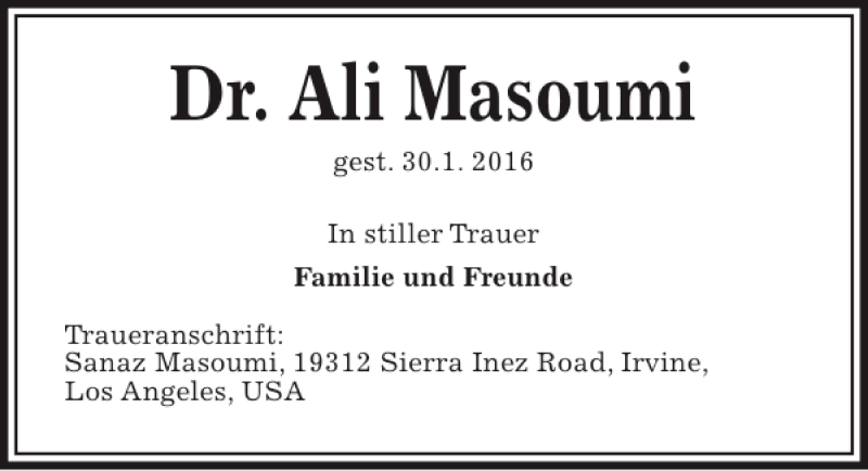 Traueranzeigen von Dr. Ali Masoumi | trauer-anzeigen.de