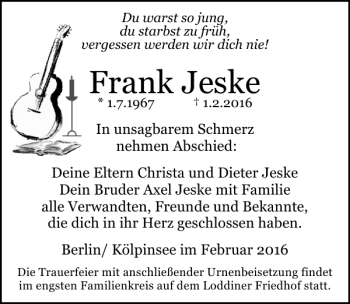 Traueranzeigen von Frank Jeske | trauer-anzeigen.de