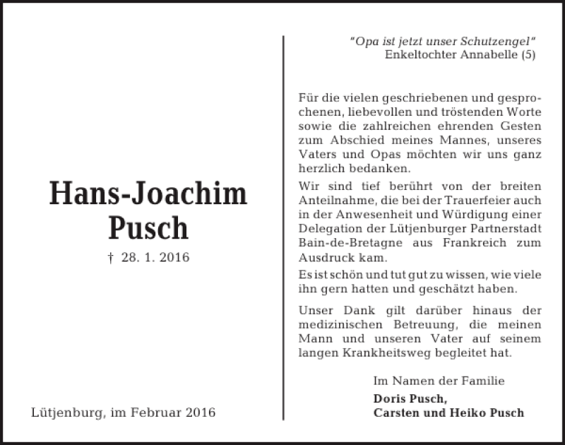 Traueranzeigen von Hans-Joachim Pusch | trauer-anzeigen.de