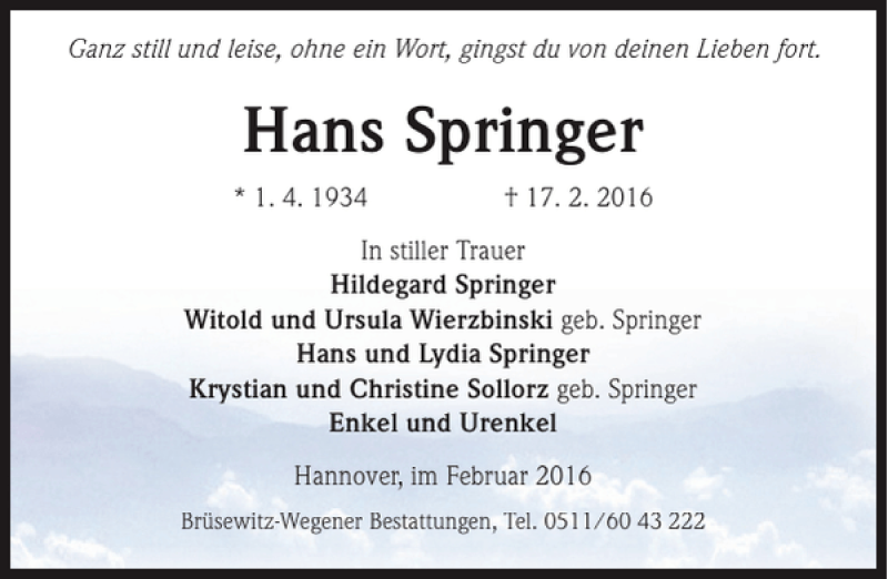 Traueranzeigen von Hans Springer | trauer-anzeigen.de