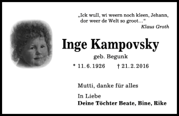 Traueranzeigen von Inge Kampovsky | trauer-anzeigen.de