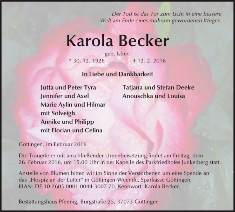Traueranzeigen von Karola Becker | trauer-anzeigen.de