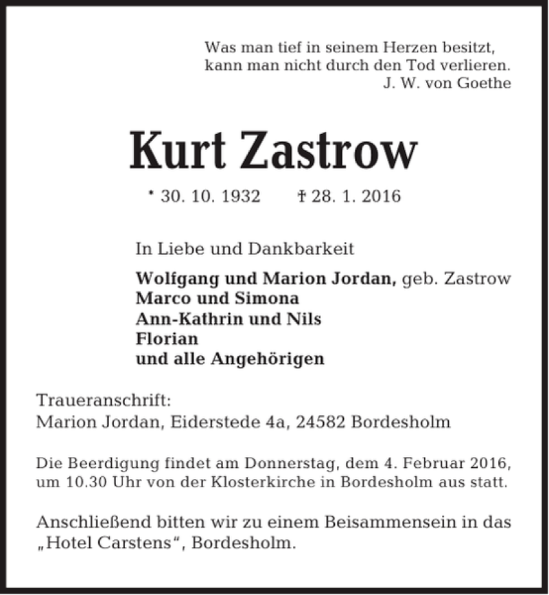 Traueranzeigen von Kurt Zastrow | trauer-anzeigen.de