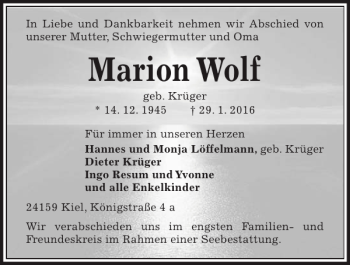 Traueranzeigen von Marion Wolf | trauer-anzeigen.de