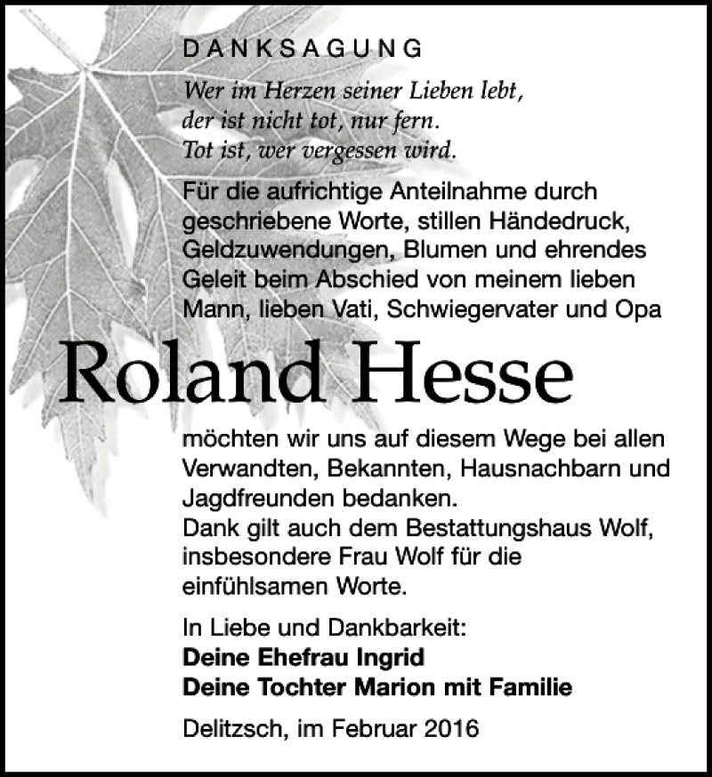 Traueranzeigen von Roland Hesse | trauer-anzeigen.de