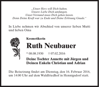 Traueranzeigen von Ruth Neubauer | trauer-anzeigen.de