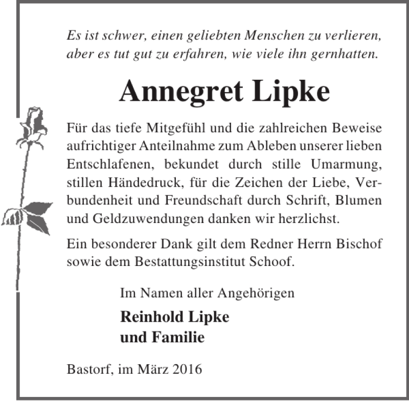 Traueranzeigen von Annegret Lipke | trauer-anzeigen.de