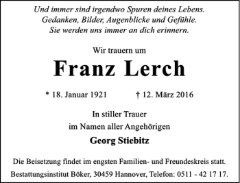 Traueranzeigen von Franz lerch | trauer-anzeigen.de