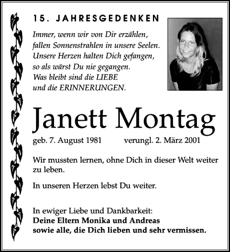 Traueranzeigen von Janett Montag | trauer-anzeigen.de