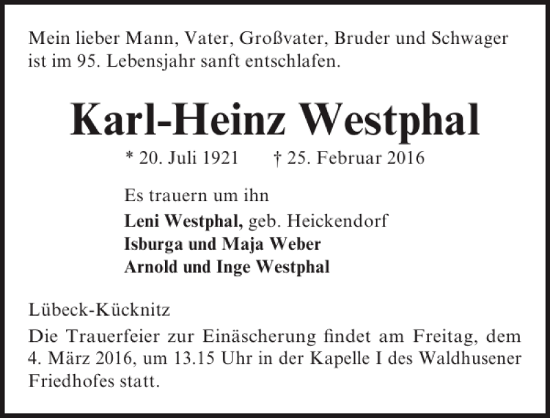 Traueranzeigen von Karl-Heinz Westphal | trauer-anzeigen.de