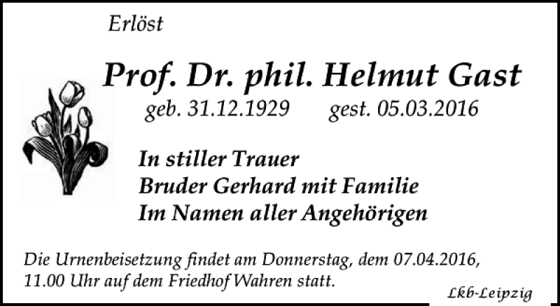 Traueranzeigen von Prof. Dr. phil. Helmut Gast | trauer-anzeigen.de