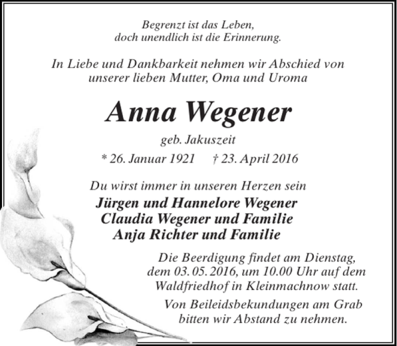 Traueranzeigen von Anna Wegener | trauer-anzeigen.de