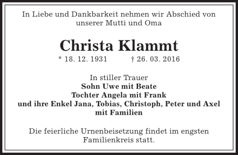 Traueranzeigen von Christa Klammt | trauer-anzeigen.de