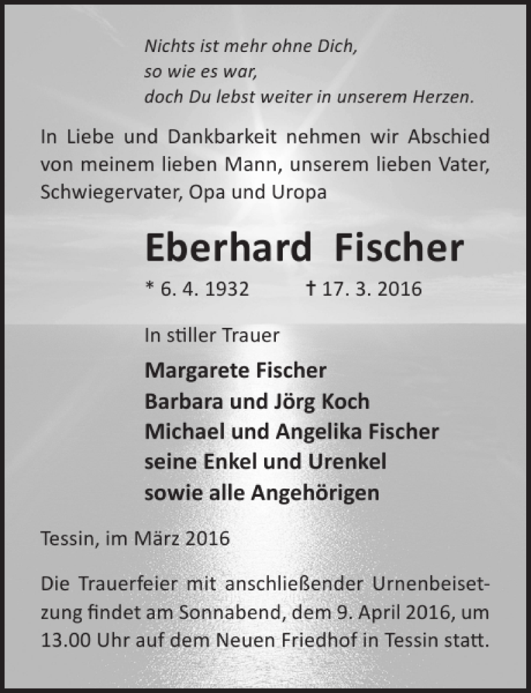 Traueranzeigen von Eberhard Fischer | trauer-anzeigen.de