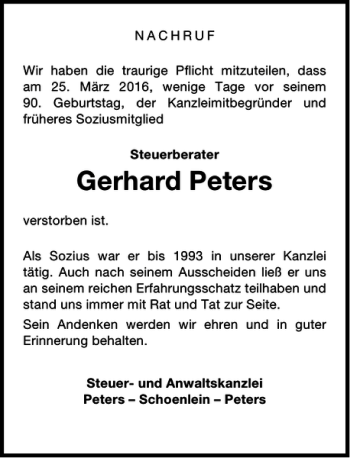Traueranzeigen von Gerhard Peters | trauer-anzeigen.de